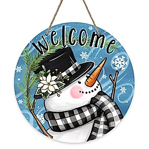 Deroro Welcome Winter Snowman Blue Front Door Sign, Buffalo Plaid Pine Branch Wood Door Hanger Outdoor Outside Porch Decor, Snowflake Christmas Holiday Wooden Wreath Indoor Wall Hanging Decoration