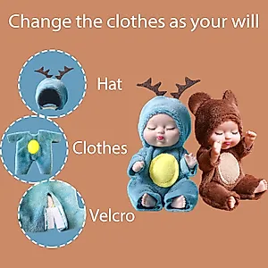 Carreuty Mini Reborn Baby Doll 8 Pcs 4 Inch Tiny Slepping Baby Washable PVC Material Realistic Baby Doll with Animal Clothes and Hat with 2 Milk Bottle for Girls and Boys