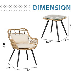 JOIVI 3 Piece Outdoor Wicker Conversation Bistro Set, Patio Furniture Rattan Chairs and Square Side Table Set for Porch, Balcony, Poolside, Yard, White Cushion