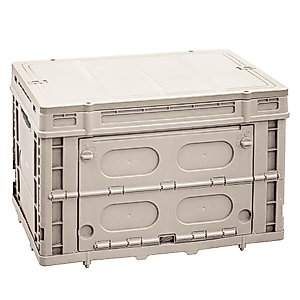 ROTIHOMSYS Collapsible Plastic Storage Crate, Folding and Stackable Utility Distribution Container with Lid, 62L Capacity Storage Bins, Pack of 1 (Beige)