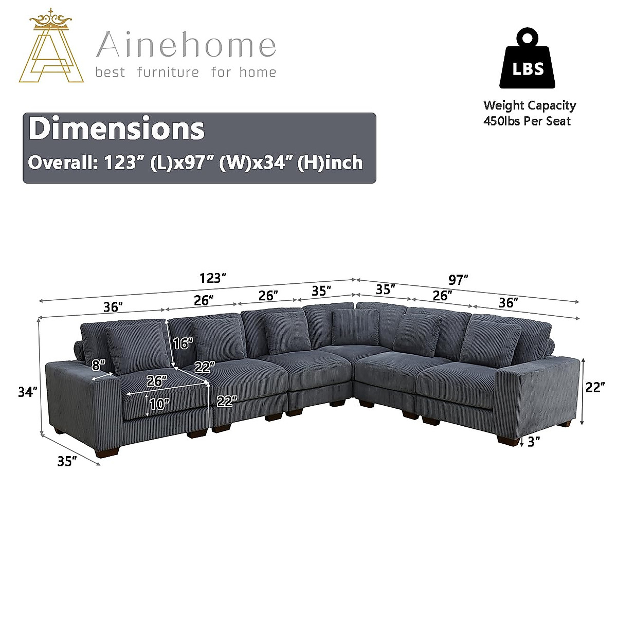 A Ainehome Modular Sectional Sofa Set, Living Room Furniture Sets Oversized L-Shaped Sofa Set 6-Seat Modular Large Sectional Couch for Living Room(C-Dark Grey Corduroy)