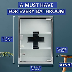 WENKO Medicine Cabinet with Lock, Wall mounted Bathroom Storage, Hanging Medical Cabinet, First Aid Wall Cabinet with Safety Glass Door, Modern, Medium, 11.8 x 15.7 x 4.7 in, Silver Shiny