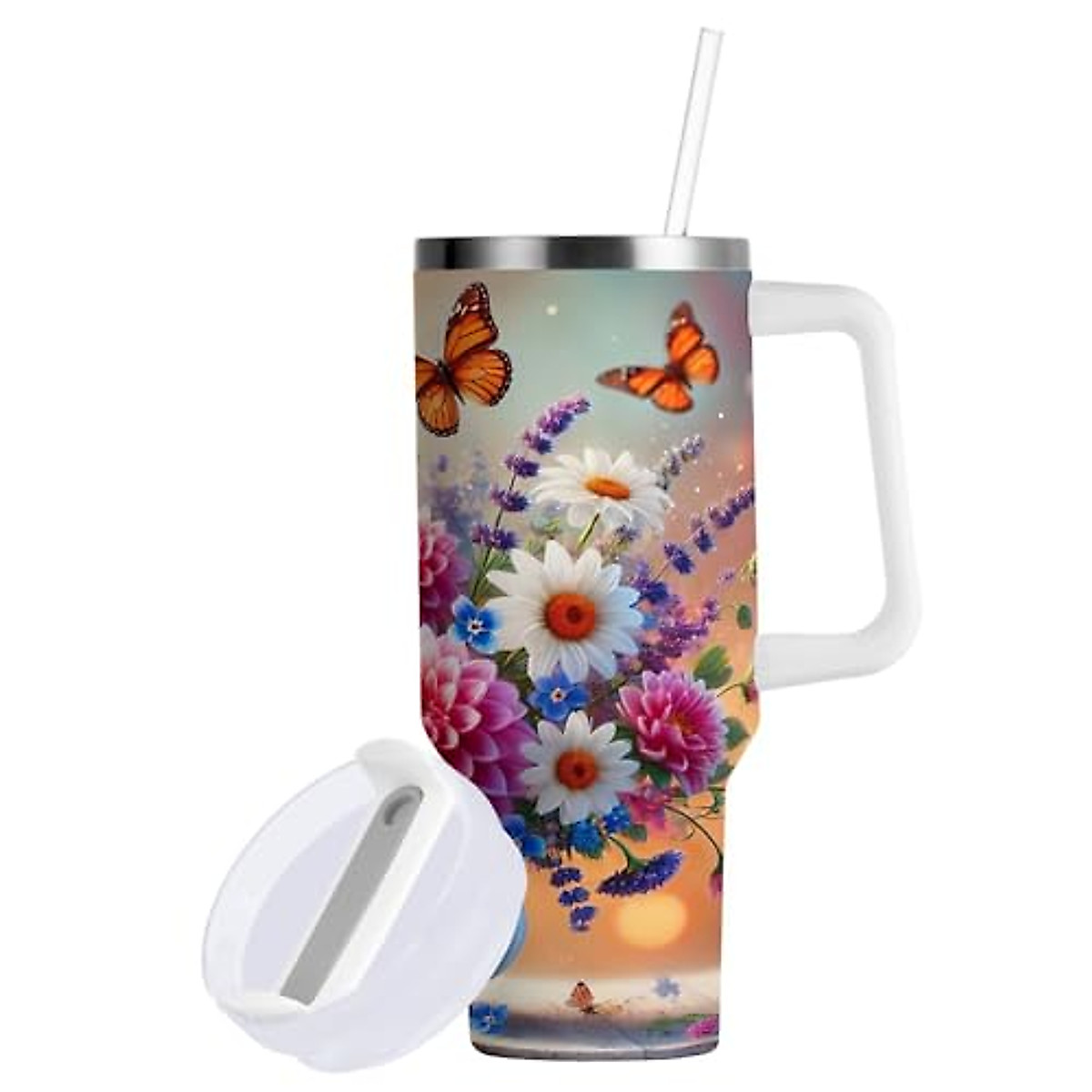 RPLIFE Floral with Butterflies Coffee Tumbler, Stainless Water Bottle, Insulated Cup with Straw, Coffee Tumbler for Women