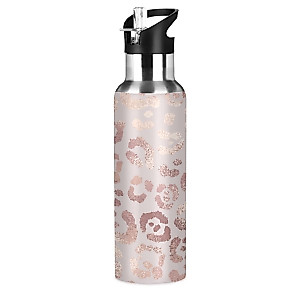 Water Bottle Handle Straw Lid Leopard Print Cheetah Rose Gold Vacuum Insulated Stainless Steel Thermos Water Bottle Leak Proof Sports Coffee Maker Cup