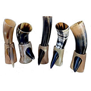 5x Viking Drinking Horn Cups | Viking gift for men 100% Natural Norse Goblet Ale Mead Beer mug Wine with Stand 10oz (9"-12")