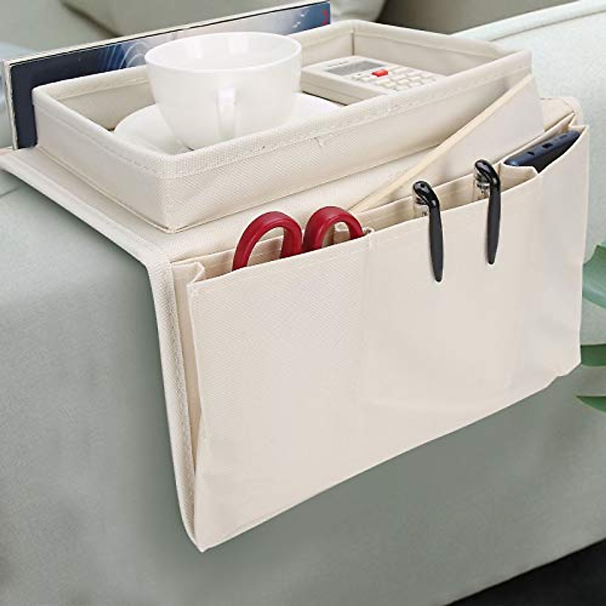 Yuecoom Sofa Storage Bag, 4 Pockets TV Remote Control Organizer Sofa Armrest Armchair Couch Bag with Cup Holder Tray(Beige)