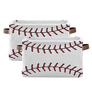 Softball Baseball Lace Rectangular Storage Basket Storage Bin Collapsible Storage Box with Leather Handles Empty Gift Baskets Organizer for Office, Office