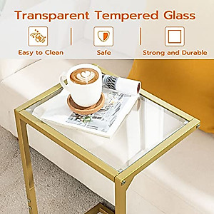 HOOBRO C-Shaped End Table, Tempered Glass Couch Table with Metal Frame, Narrow Snack Side Table for Small Space, Living Room, Bedroom, Modern and Simple, Gold GD04SF01