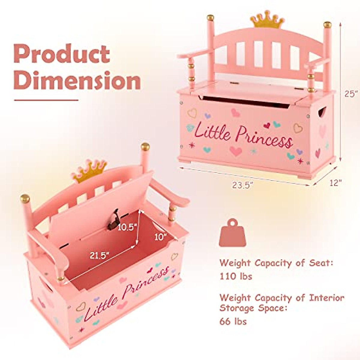 HONEY JOY Pink Wooden Toy Box, 2 in 1 Crown Large Toy Storage Chest with Safety Hinged Lid, Kids Toy Storage Bench for Playroom Bedroom, Children's Furniture, Gift for Princess Girls Age 3+, Pink