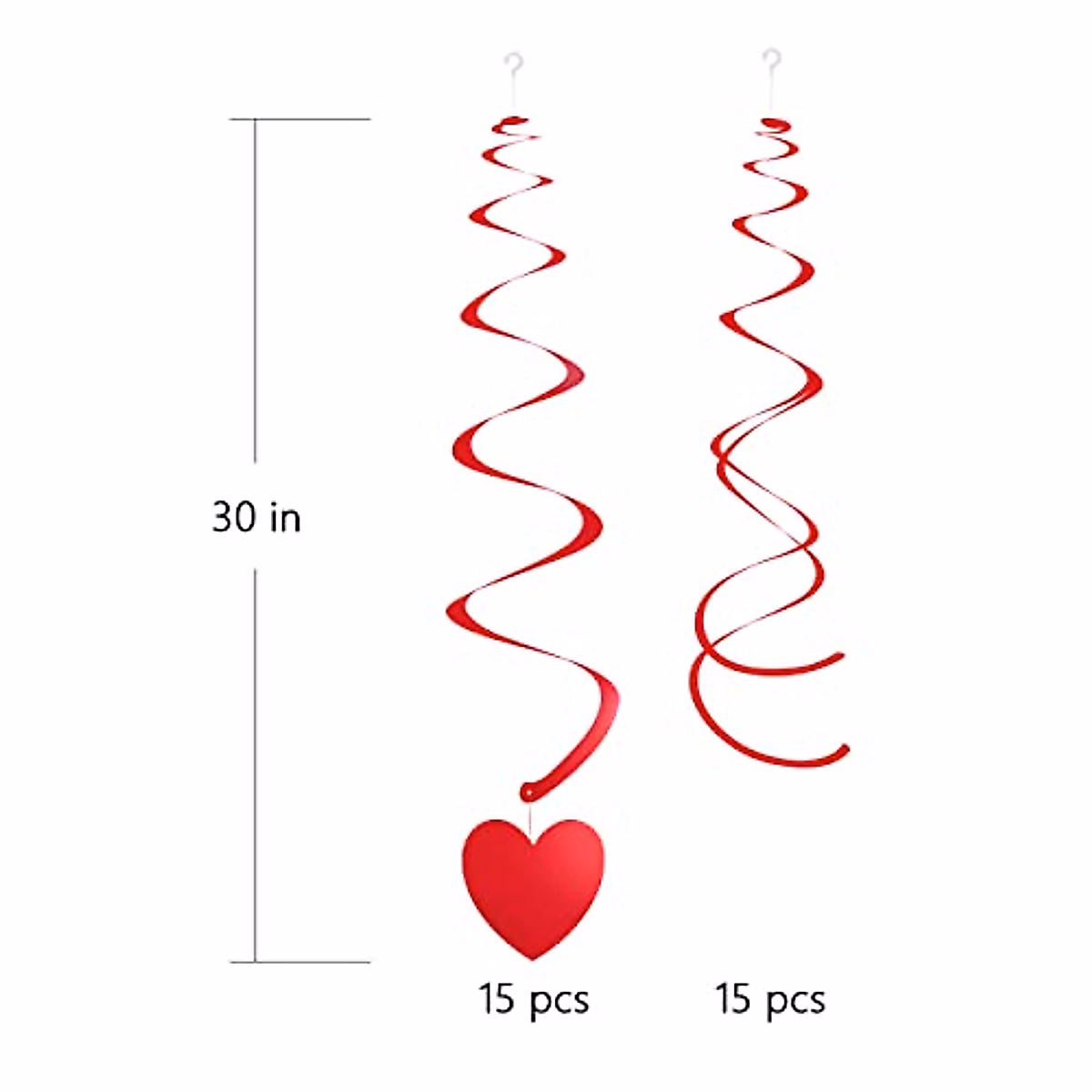 Red Heart Hanging Swirls Party Streamer Spiral Decorations for Wedding Valentine's Day Mother's Day, Pack of 30