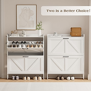 EOYUTLLY Shoe Cabinet Storage for Entryway, Narrow Shoe Rack Cabinet with 2 Flip Drawers, Freestanding Hidden Shoe Rack Storage Organizer, White with Metal Legs