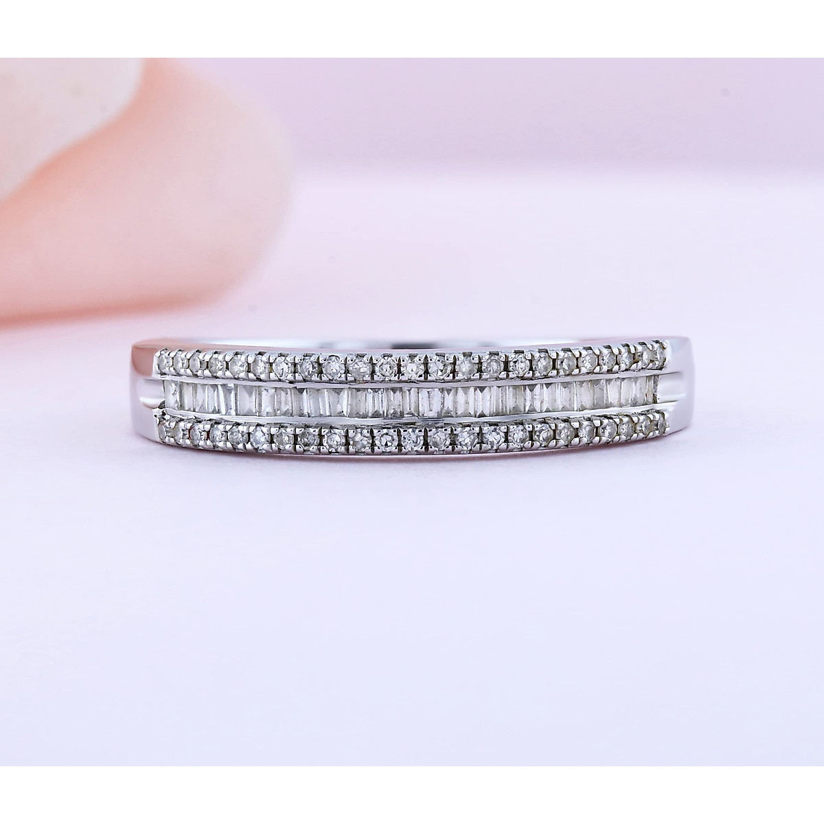 Dazzlingrock Collection 0.30 Carat (ctw) 10K Round & Baguette Diamond Ladies Wedding Band 1/3 CT, White Gold, Size 7