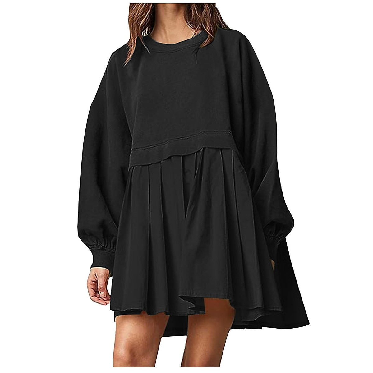 Lenago Women Oversized Sweatshirt Dress Scuba Dupes Sweatshirt Hot Shot Free Patchwork Long Sleeve Crewneck Pullover Tops People Baggy Flowy Pleated Sweatshirts Mini Dress My the Orders Black S