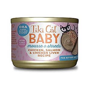 Tiki Cat Baby Mousse & Shreds, Chicken, Salmon, and Chicken Liver, High-Protein, Wet Cat Food for Kittens 4 Weeks+, 1.9 oz. Cans (Pack of 3)