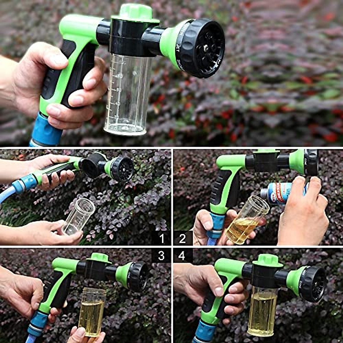 High Pressure Hose Spray Nozzle 8 Way Spray Pattern with 3.5oz/100cc Soap Dispenser Bottle Snow Foam Gun for Lawn, Clean Plants, Car Wash,Showering Pet,Garden Hose Nozzle,(Green)