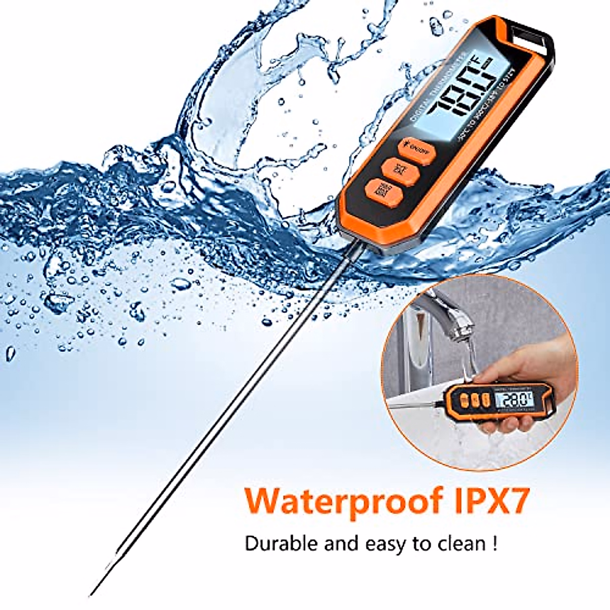 BOMATA Waterproof IPX7 Thermometer with 5.4" Super Long Probe. Instant Read Thermometer for Food, Liquid, Candle, Cooking and BBQ ! with Backlight, Calibration, Auto Recording Function. T201A