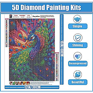 Suyaloo 5D Diamond Painting Kits for Adults - Peacock Diamond Art Kits for Adults Kids Beginner,DIY Animals Round Full Drill Paintings with Diamonds Gem Art for Adults Home Wall Decor 11.8x15.7inch
