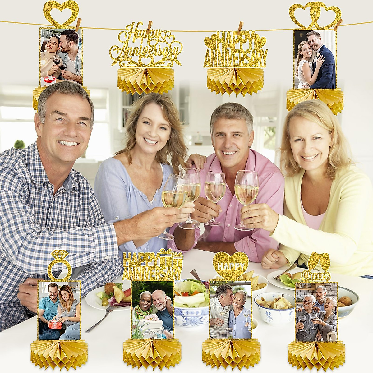 Eucutur 8Pcs Gold Happy Wedding Anniversary Decorations Honeycomb Centerpiece, Gold Glitter Anniversary Photo Table Centerpiece Party Supplies, 25th 30th 40th 50th 60th Gold Anniversary Table Topper