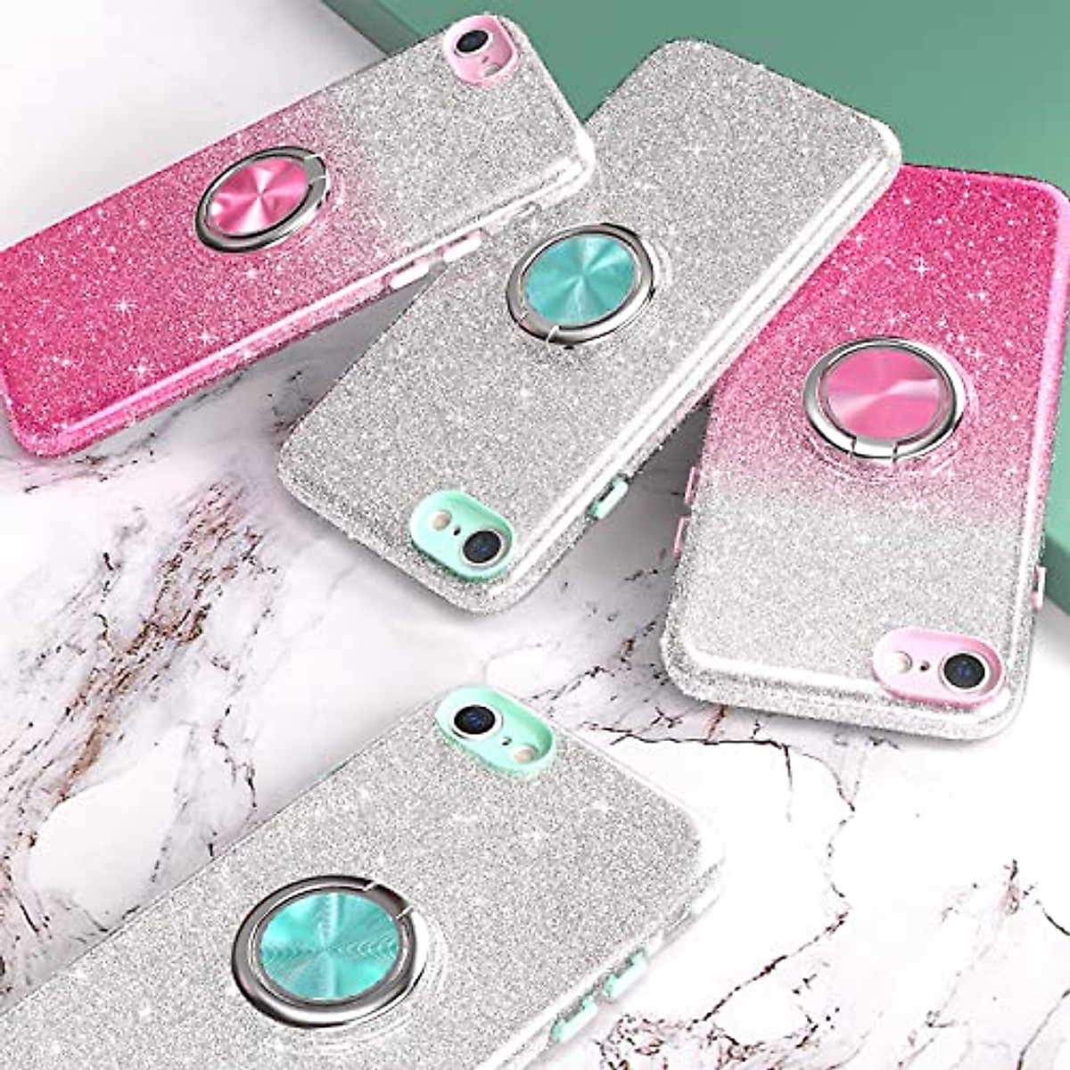PeeTep iPhone SE 2020 Case,iPhone SE 3 Case Glitter for Girls,iPhone 8 Case,iPhone 7 Case,Slim Sparkly Case with 360°Ring Holder Kickstand Magnetic Car Mount Shock-Absorbent Durable Cover, Pink