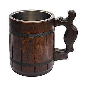 Etno Motif Handmade Wood Mug 20 oz Stainless Steel Cup Carved Natural Beer Stein Old-Fashioned Brown - Wood Carving Beer Mug of Wood Wooden Beer Tankard Capacity: 20oz (600ml) - Great Gift Idea