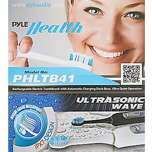 Pyle Health Ultra sonic Wave Rechargeable Electric Toothbrush with 3 brush modes, two minute timer, 2 Oral Brush Heads, Automatic Charging Dock Holder - For Kids, Teens, Adults - PHLTB41BK (Black)