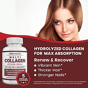 Multi Collagen Peptides Powder Pills, High Bioavailable Hydrolyzed Collagen Protein Supplement with 5 Collagen Types I, II, III, V, and X for Skin, Hair, Nail & Joint Support, 60 Capsules