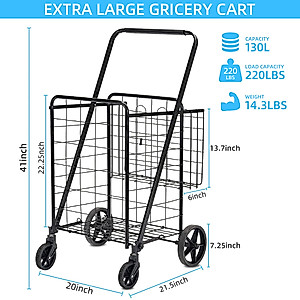 HABUTWAY Folding Shopping Cart with Wheels 360°Rolling Swivel Grocery Cart with Removable Oxford Cloth Liner Compact Utility Cart for Groceries Luggage Laundry,220lb Capacity