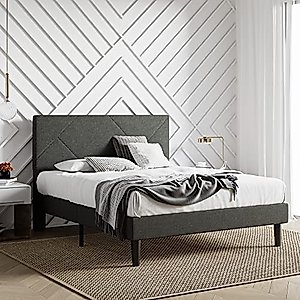 IMUsee Queen Size Bed Frame, Upholstered Bed Frame with Geometric Headboard, Heavy Duty Mattress Foundation with Wooden Slats, Easy Assembly, Dark Grey