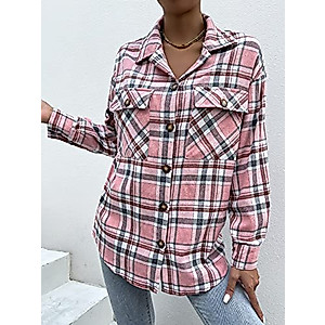 OYOANGLE Women's Plaid Long Sleeve Button Front Drop Shoulder Tunic Blouse Flannel Shirts Pink White L