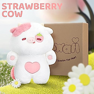 Mewaii Strawberry Cow Plush Toys, Kawaii Cow Stuffed Animals Squishy Doll, Cute Cow Plushie Pillow, Home Decor Plush Throw Pillow Gifts for Kids (18 Inches)