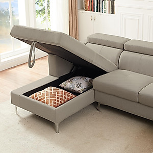 HAUSHECK 3 Piece Sofa U Shape Sectional Couches with Headrests Adjustment, Left Chaise with Storage, Linen Fabric, Living Room Furniture Set, 120" D x 94.5" W x 36.2" H, Smoke