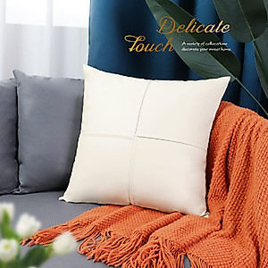 BRAWARM Faux Leather Throw Pillow Covers 20 X 20 Inches, Cream Leather Pillow Covers Pack of 2, Hand Stitched Leather Decorative Throw Pillows for Couch Sofa Bed Living Room Home Garden