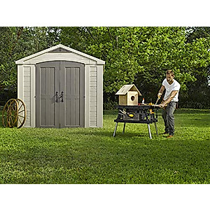 Keter Factor 8x8 Foot Large Resin Outdoor Storage Shed with Floor for Patio Furniture, Lawn Mower, and Bike Storage