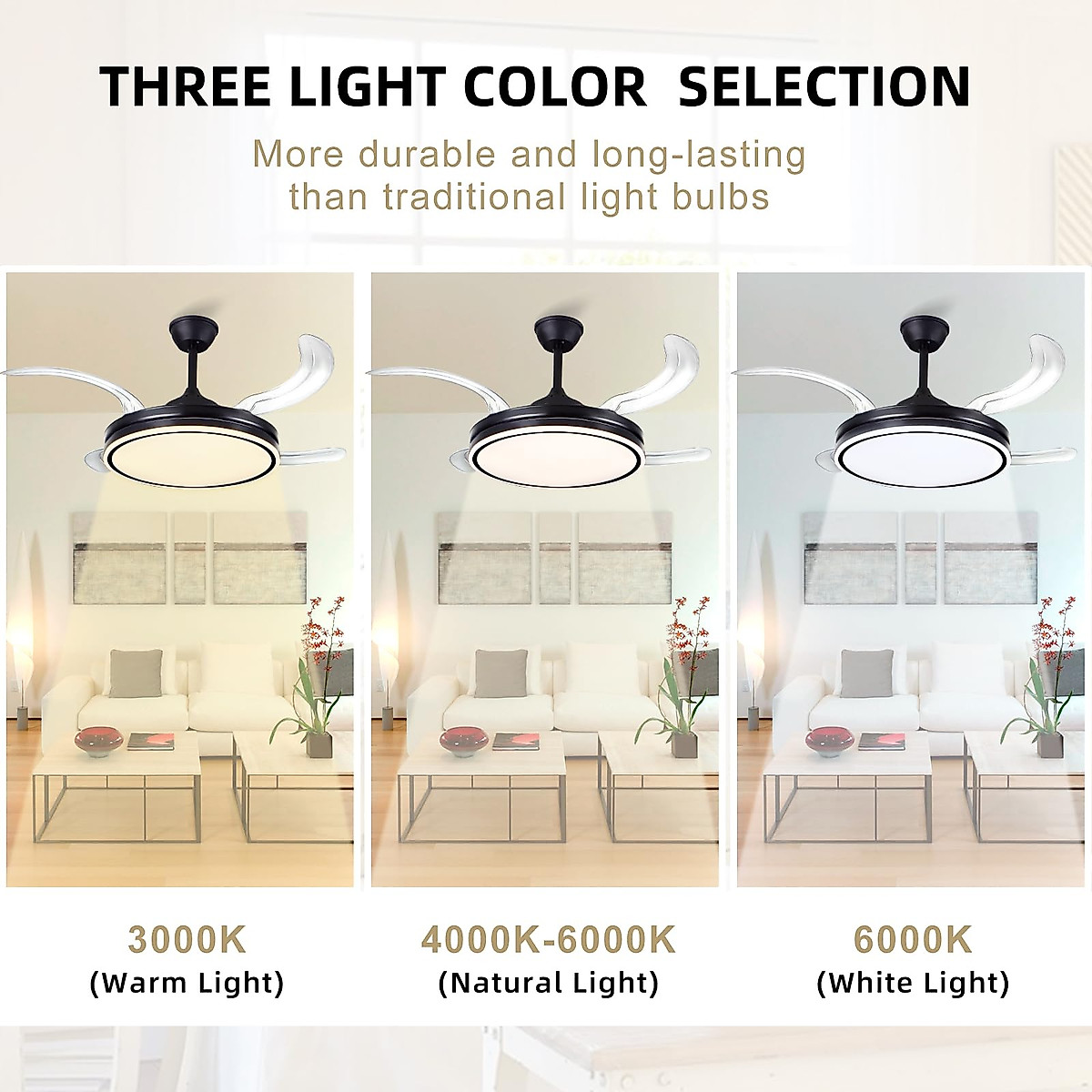 Lcozdny Retractable Ceiling Fans with Lights and Remote, 42 Inch Modern Ceiling Fan with 3 Color Change for Living Room Dining Room Bedroom - Timer Setting & Reversible