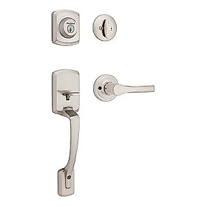 Kwikset Henley Front Entry Door Handleset and Deadbolt with Interior Reversible Lever, Featuring SmartKey Re-Key Security Technology with Microban Protection in Satin Nickel