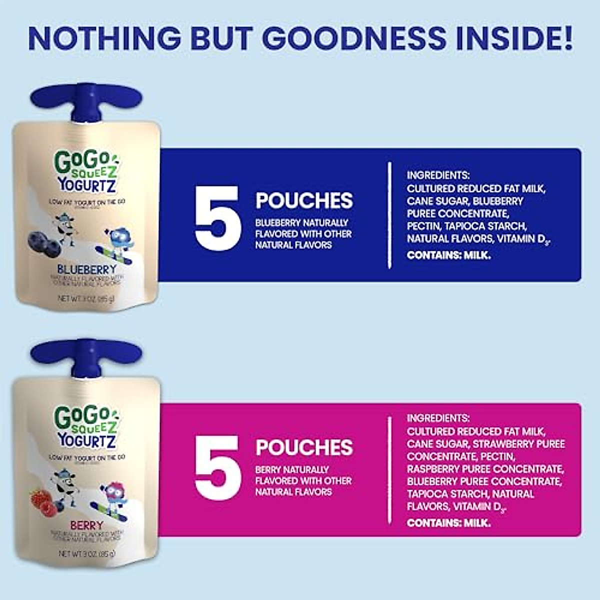 GoGo squeeZ yogurtZ Variety Pack, Berry, Blueberry, 3 oz. (10 Pouches) - Kids Snacks Made from Real Yogurt & Fruit - Pantry Friendly Snack, No Fridge Needed - No Preservatives - Kosher Certified - Gluten Free Snacks for Kids