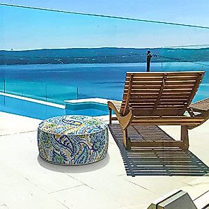 LVTXIII Indoor/Outdoor Inflatable Ottoman, All Weather Round Footrest Stool D21”x H9”, Portable for Patio Garden Camping or Home-Paisley Blue