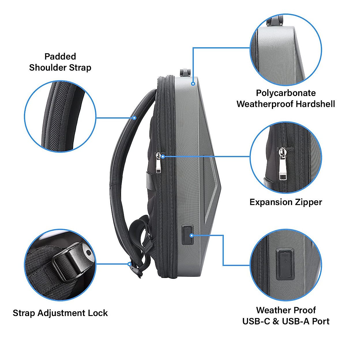 Cyberbackpack Gray Expandable Anti-theft 17.3 Inch Laptop Computer Lightweight Work Business Travel Hiking Student College Motorcycle Fashion Adult Unisex Hard Backpack for Men Women With USB Charging