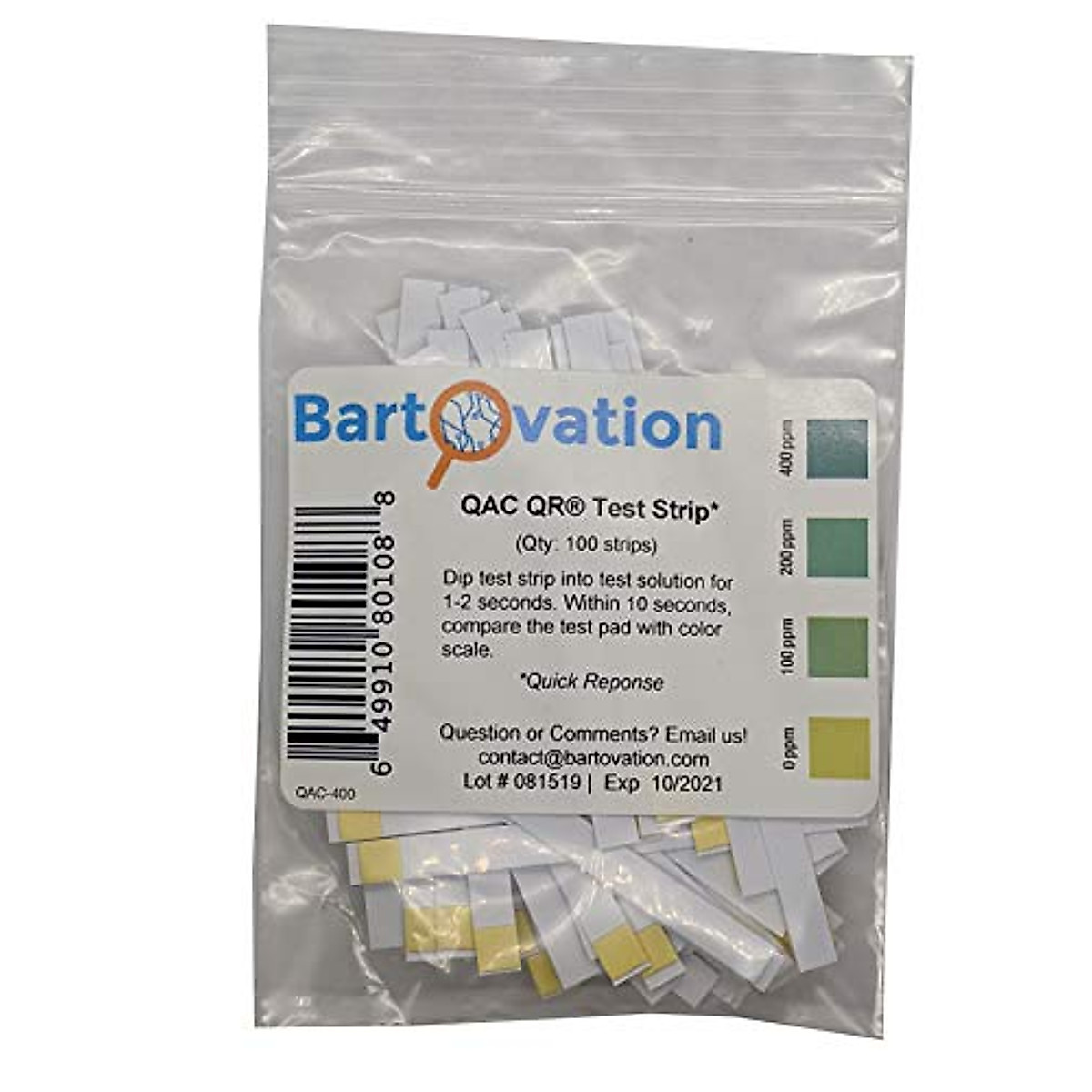 Restaurant Quaternary Ammonium (QAC, Multi Quat) Sanitizer Test Strips, 0-400 ppm [Bag of 100 Plastic Strips]