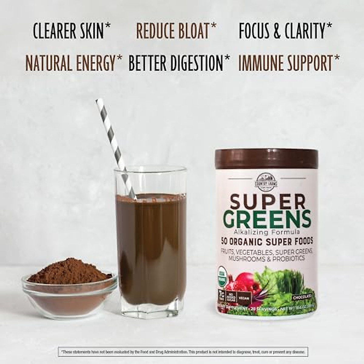 COUNTRY FARMS Super Greens Chocolate Flavor, 50 Organic Super Foods, USDA Organic Drink Mix, Fruits, Vegetables, Super Greens, Mushrooms & Probiotics, Supports Energy, 20 Servings, 10.6 Oz