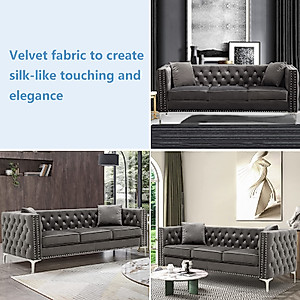 mikibama Velvet Sofa Set, Jeweled Button Tufted 3 Seater Couch and Loveseat with Nailhead Trim and 4 Pillows Square Arm Sofa with Metal Legs for Living Room (Gray)