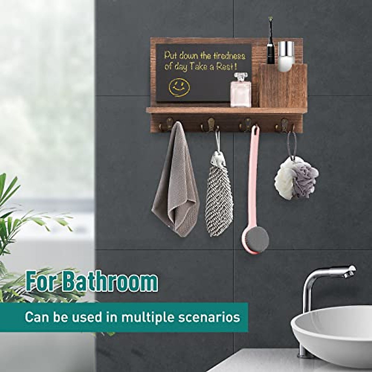 NUKied Key Holder for Wall Decorative, Mail Organizer Wall Mount with 4 Double Key Hooks and Message Board, Rustic Wooden Key and Mail Holder for Wall, Home Decor for Entryway, Hallway, Brown