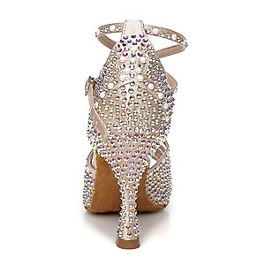 Minishion Women's Ankle Strap Beading Nude Satin Ballroom Dance Shoes Evening Sandals US 4