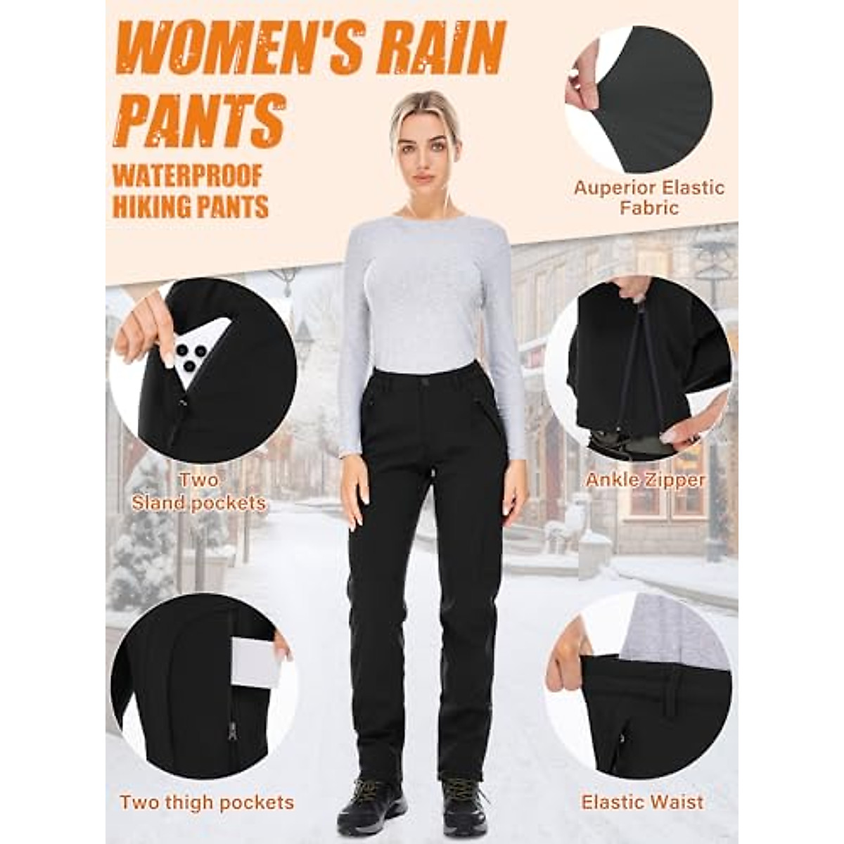 Womens Snow Pants Winter Waterproof Pants Outdoor Soft Shell Fleece Linded Cargo Ski Hiking Pants, Black 16