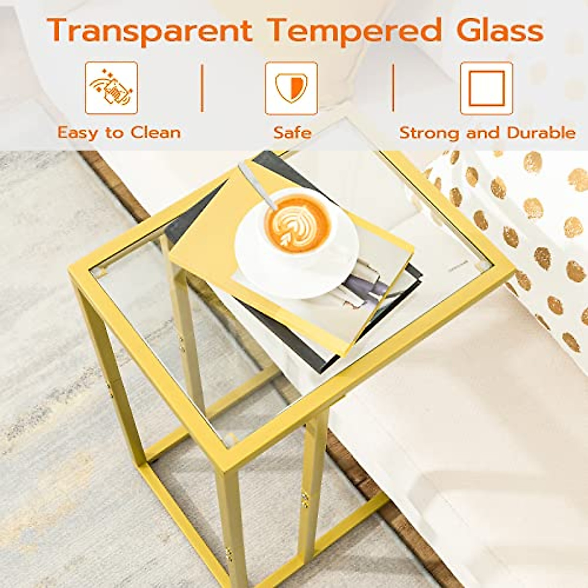 HOOBRO C Shaped End Table, Tempered Glass Snack Side Table with Metal Frame, TV Tray Table for Small Space, Sofa Couch and Bed, Modern Style, Gold GD03SF01G1