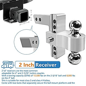 Tlvuvmo Adjustable Trailer Hitch - 6 Inch Drop Hitch Ball Mount for 2 Inch Receiver, 12,500 GTW, 2" and 2-5/16" Stainless Steel Tow Balls, Aluminum Tow Hitch with Double Anti-Theft Pins Locks