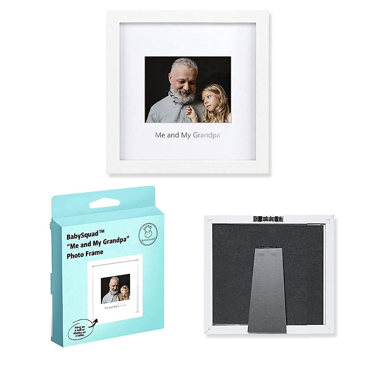 BabySquad Me and My Grandpa Photo Frame, 7 x 7 (INCHES), Sawtooth Hanger + Kickstand, Grandpa Gifts, Handcrafted White Wooden Photo Frame, Keepsake Gift