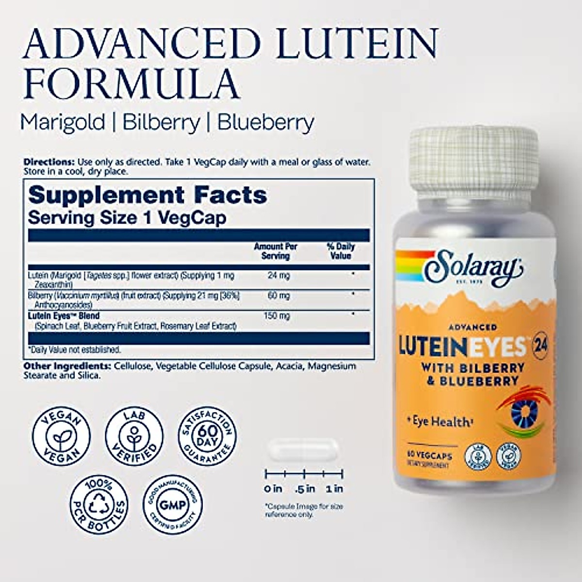 SOLARAY Advanced Lutein Eyes 24mg with Bilberry Extract and Blueberry Extract, Eye & Macular Health Support Supplement Supplying Zeaxanthin from Marigold, Vegan (60 Servings, 60 VegCaps)