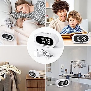 REACHER Small LED Digital Alarm Clock with Snooze, Simple to Operate, Full Range Brightness Dimmer, Adjustable Alarm Volume, Outlet Powered Compact Clock for Bedrooms, Bedside, Desk, Shelf(White)