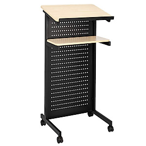 Bonnlo Mobile Wheeled Lectern Standing Podium, Portable Lecture Speech Teach Platform for Classroom Church or Ceremony, Multi-Function Reading or Laptop Desk, Table w/Tilted Top Board & Edge Stopper